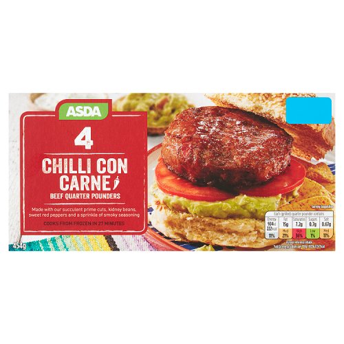 Asda 4 Chilli Con Carne Beef Quarter Pounders 454g | Really Good Culture
