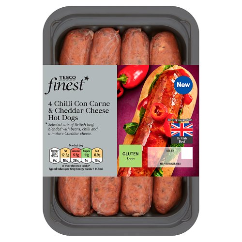 Tesco Finest 4 Chilli Con Carne & Cheddar Cheese Hot Dogs 360g | Really ...